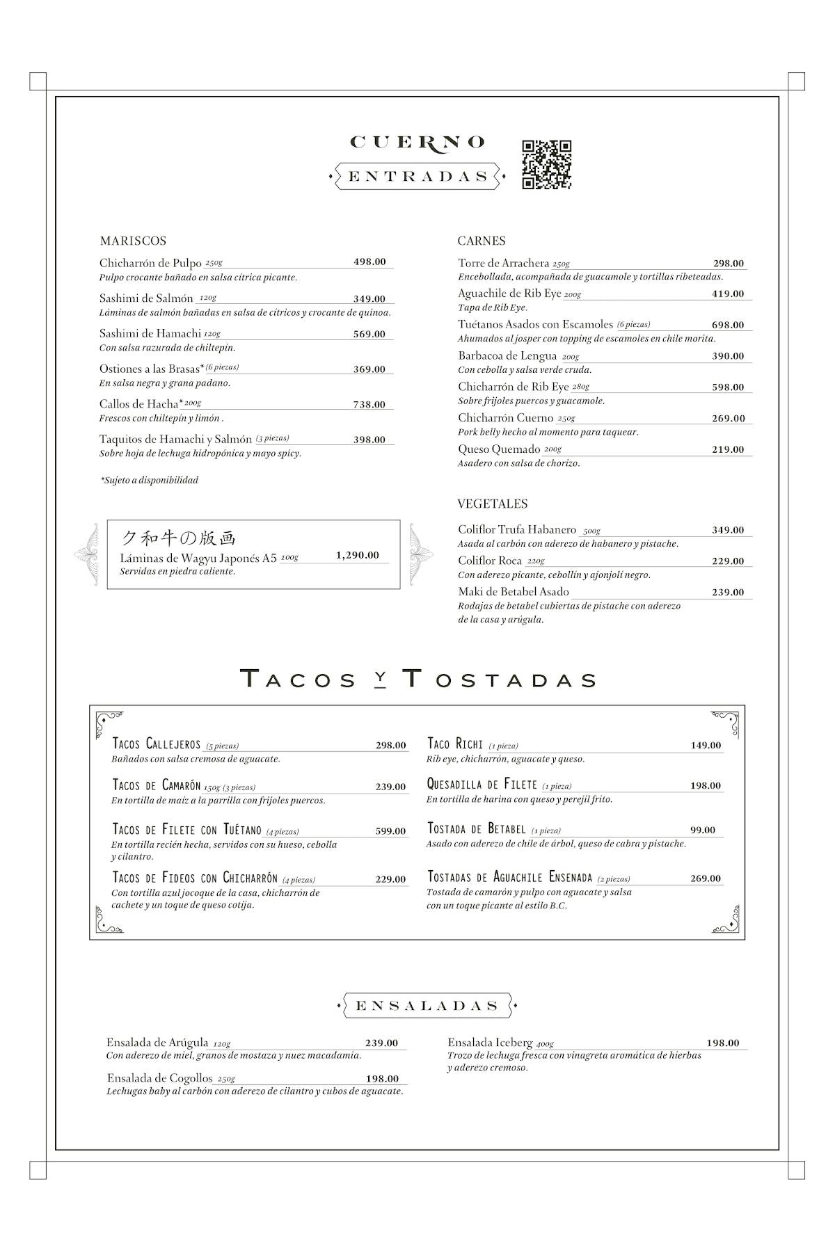 Carta del restaurante Cuerno Calzada, San Pedro Garza García