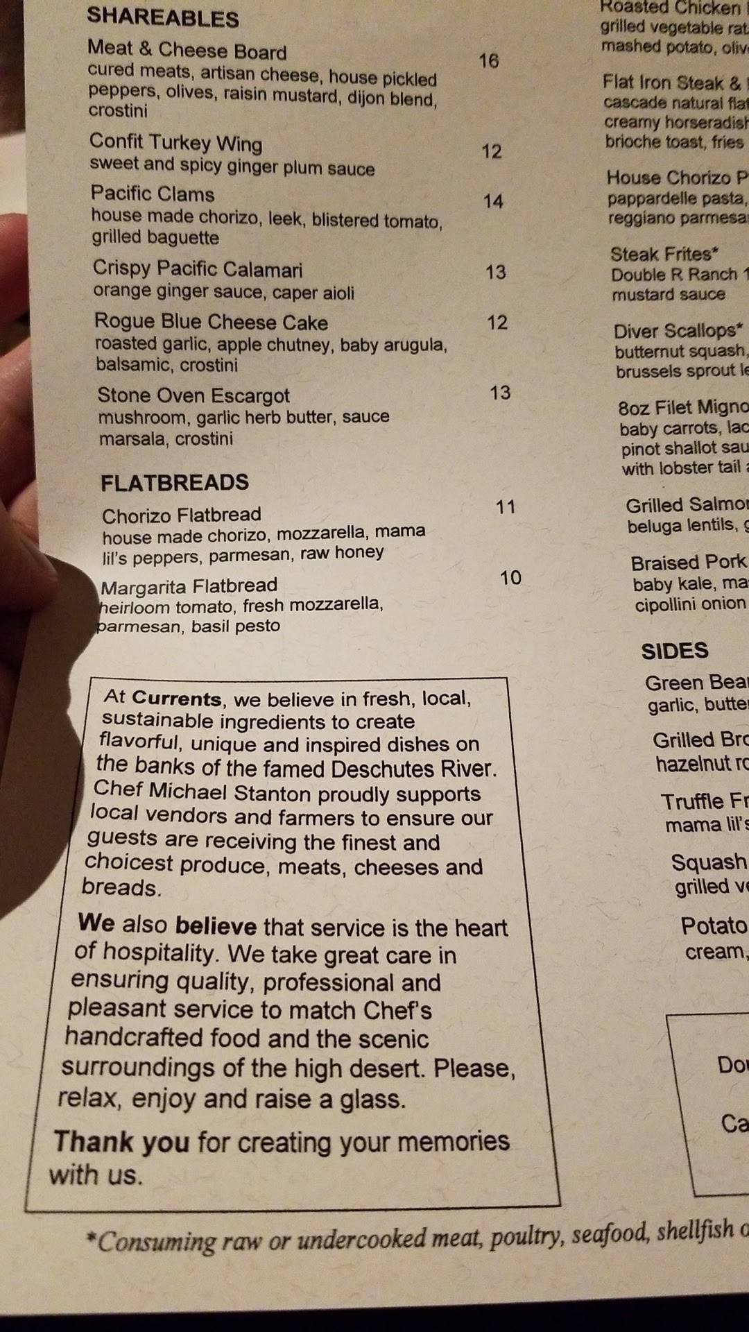 Menu at Currents at the Riverhouse restaurant, Bend