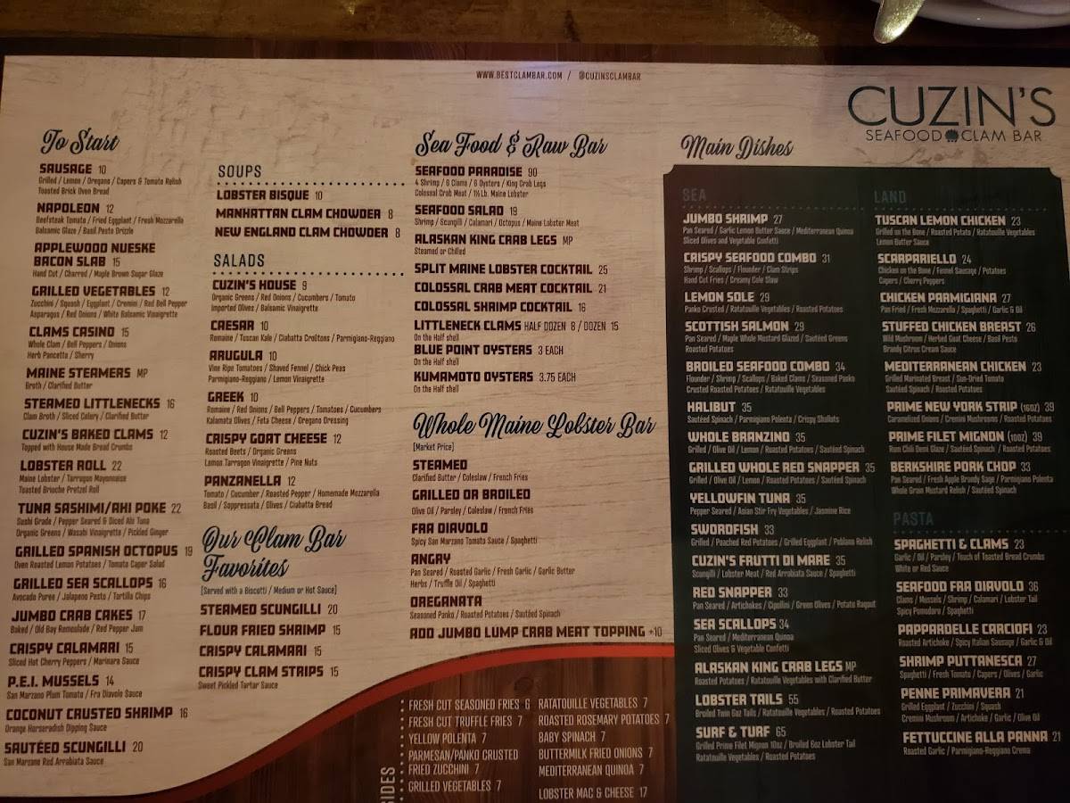 Menu at Cuzin's Seafood & Clam Bar, Marlboro Township