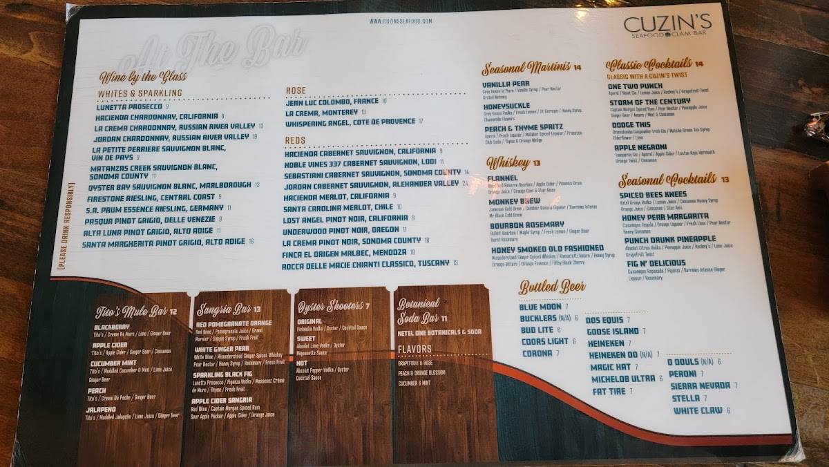 Menu at Cuzin's Seafood & Clam Bar, Marlboro Township