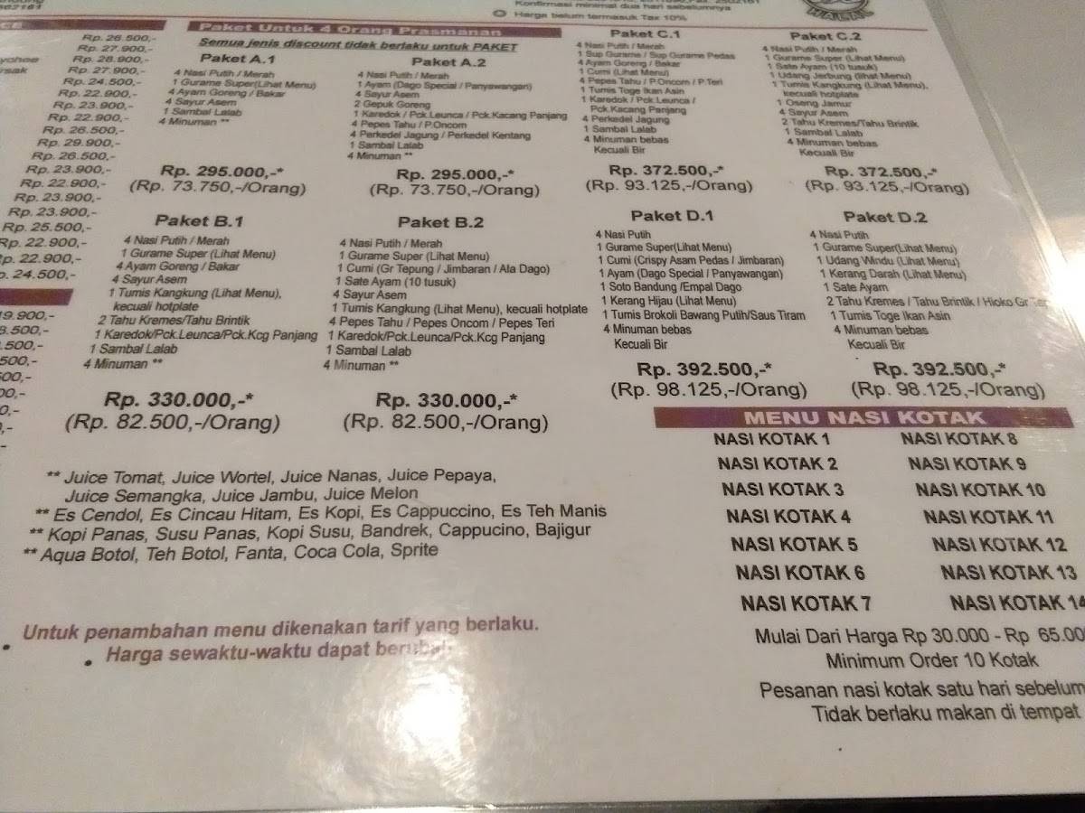 Menu at Dago Panyawangan restaurant, Bandung