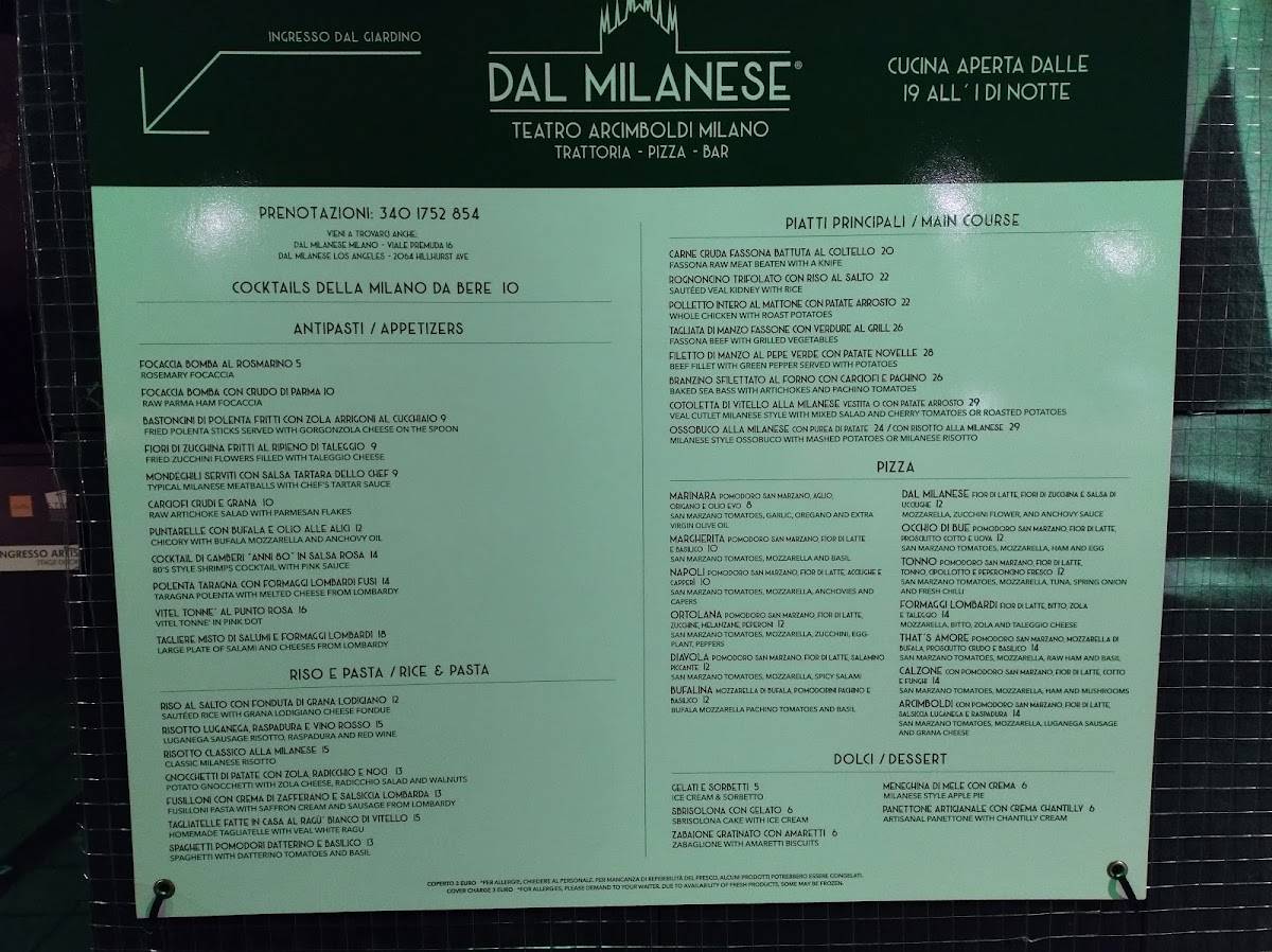 Menu da Dal Milanese Teatro Arcimboldi ristorante, Milano