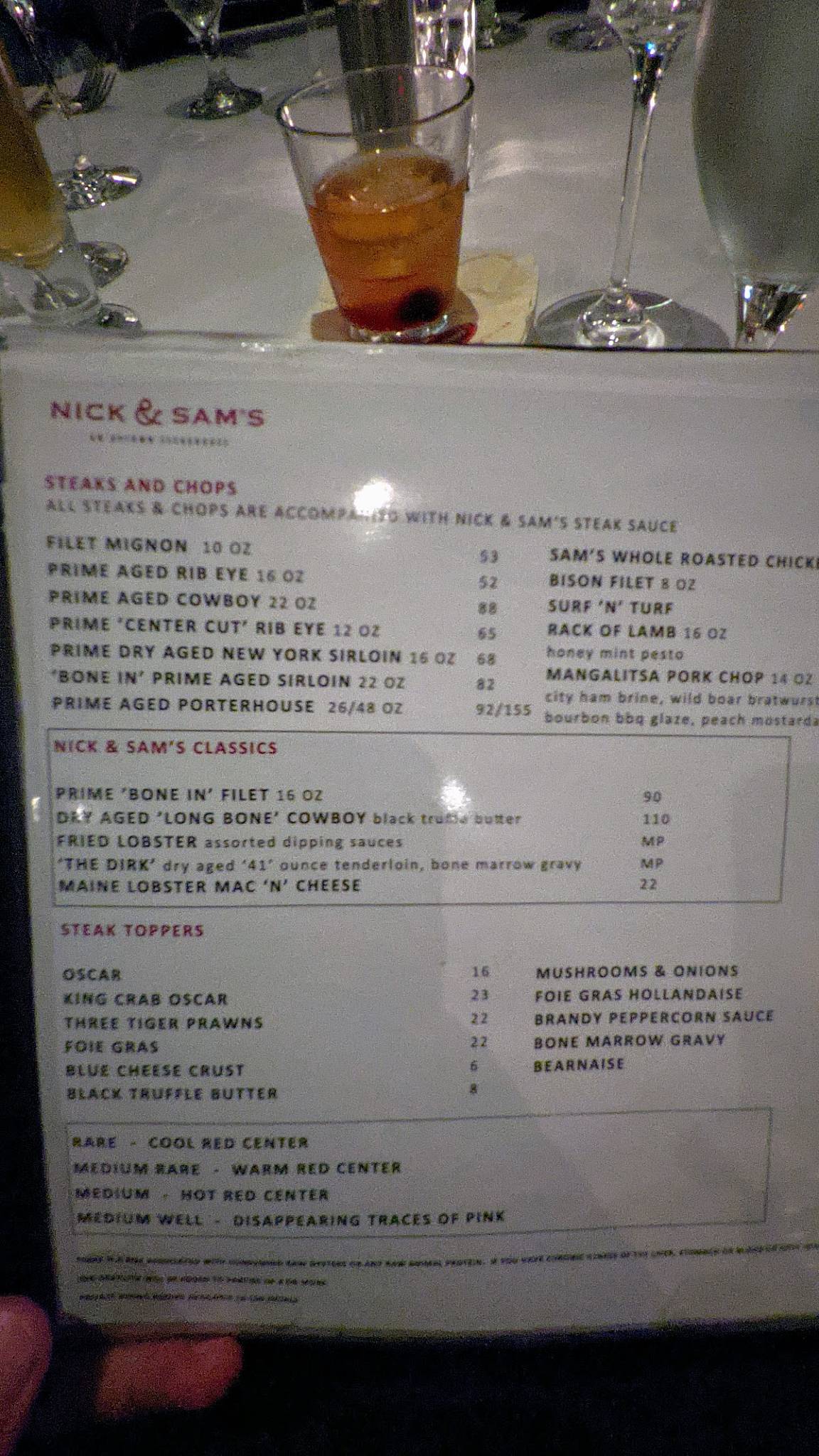 Menu at Nick & Sam's steakhouse, Dallas, Maple Ave