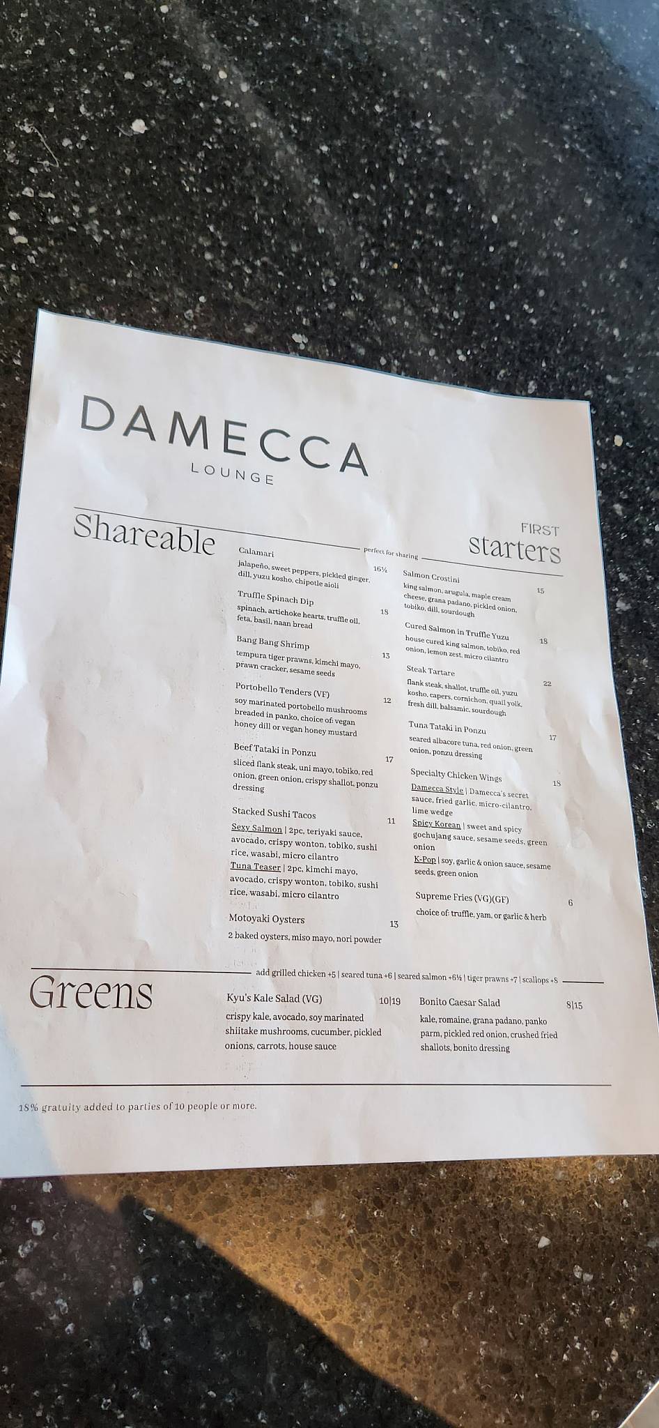 Menu at Damecca Lounge restaurant, Winnipeg