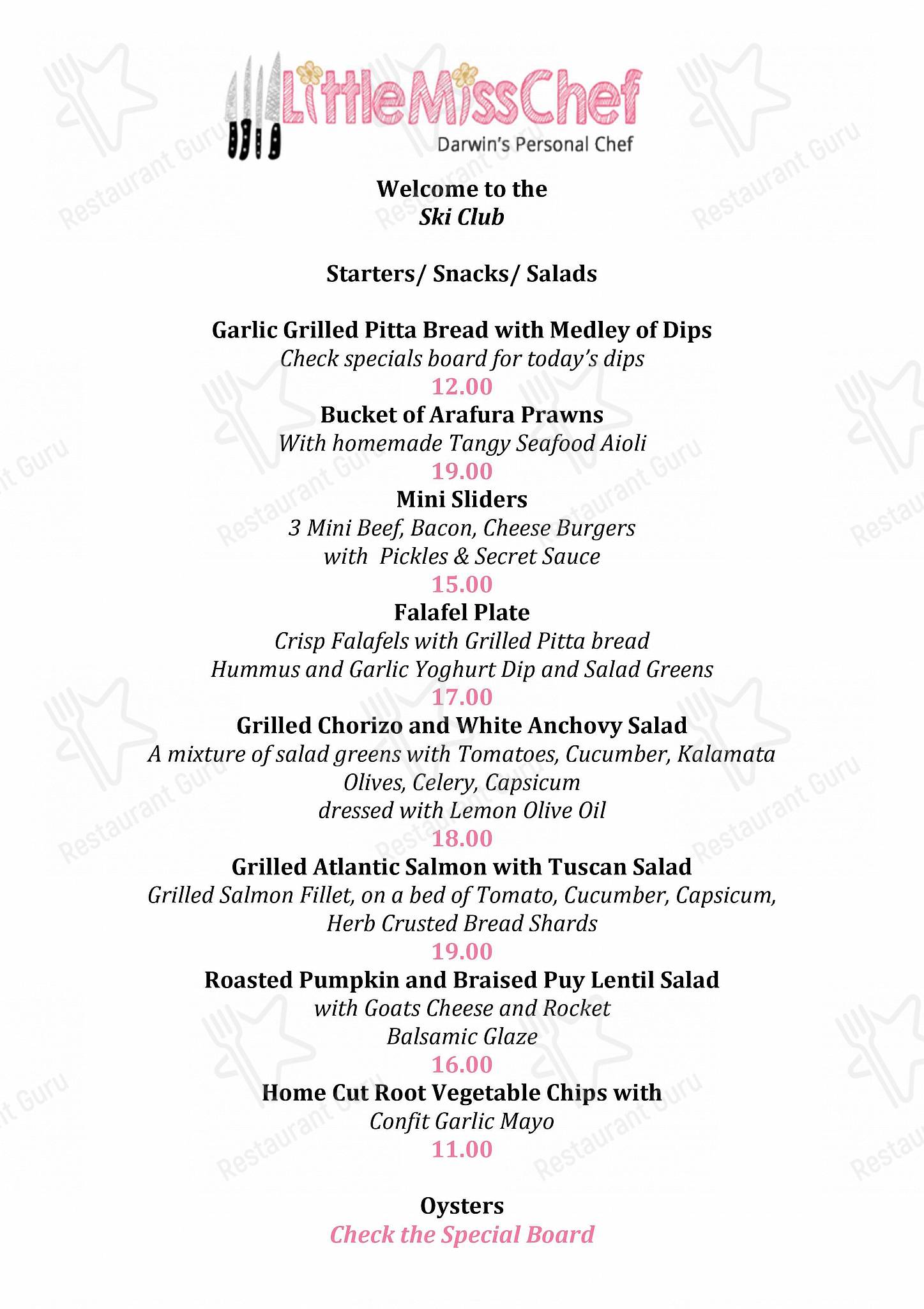 Menu at Darwin Ski Club, Darwin City