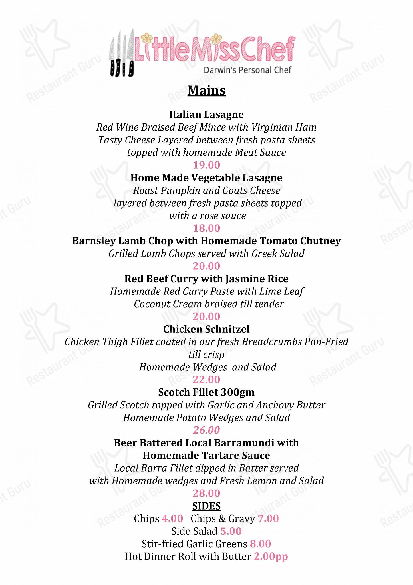 Menu at Darwin Ski Club, Darwin City