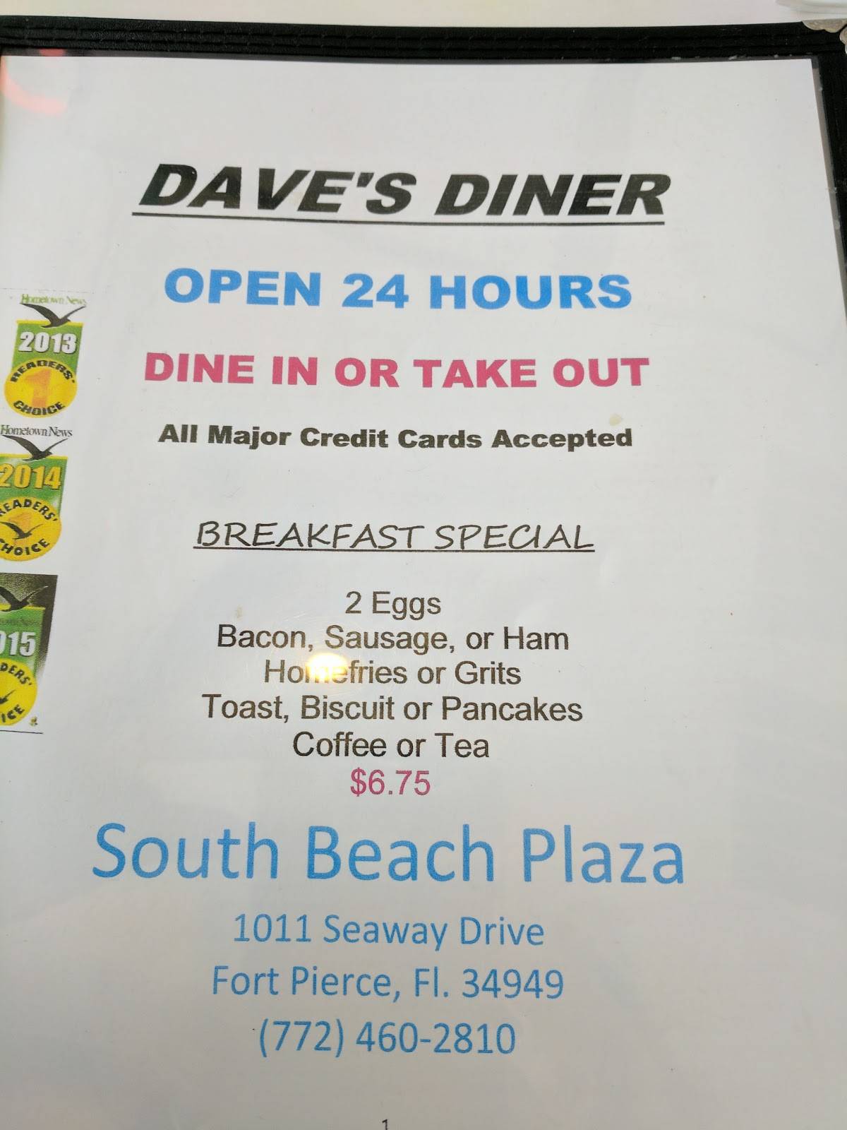 Menu at Dave's Diner restaurant, Fort Pierce