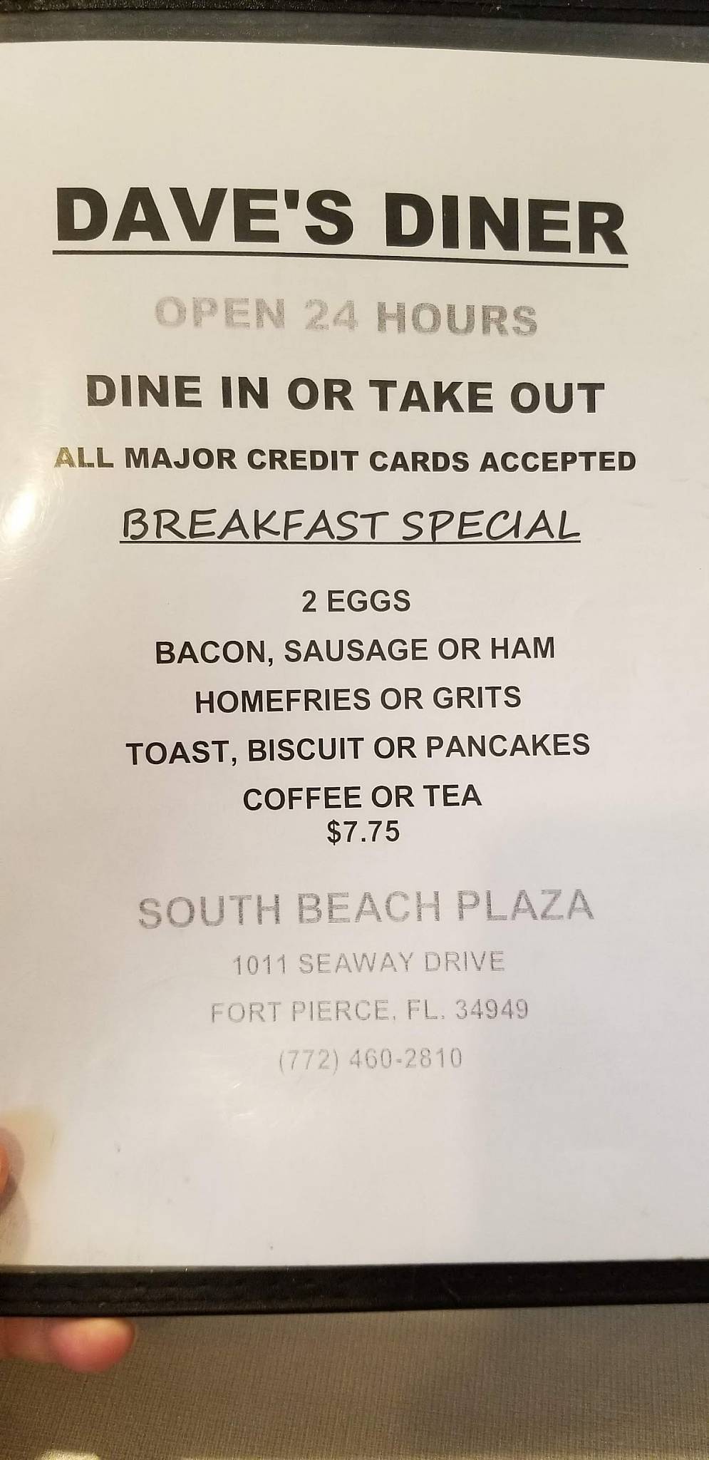 Menu at Dave's Diner restaurant, Fort Pierce