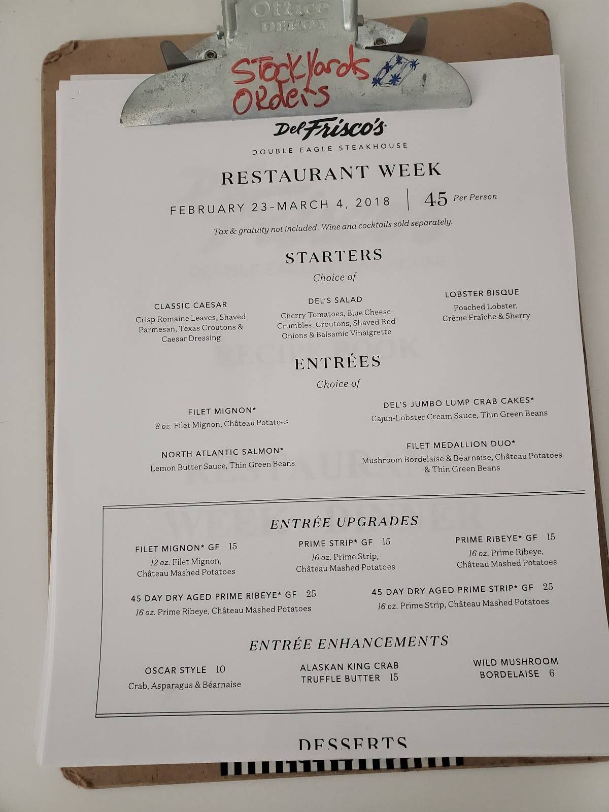Menu at Del Frisco's Double Eagle Steakhouse, Greenwood Village