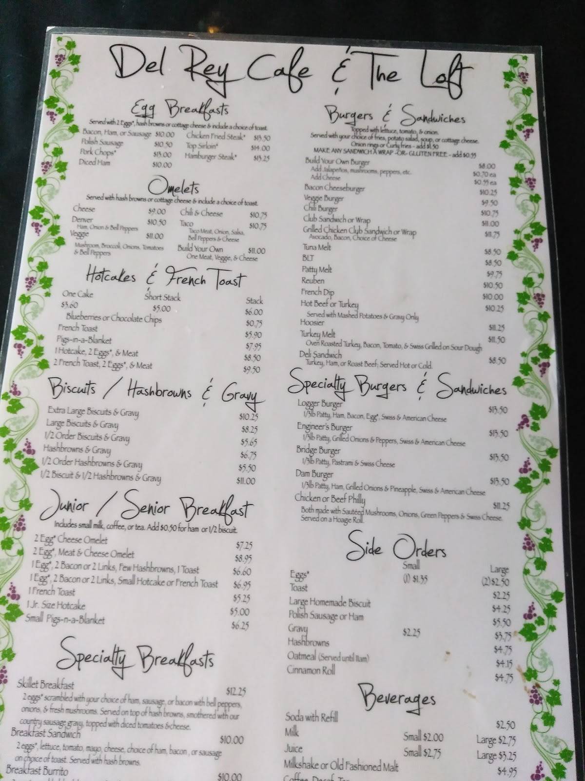 Menu at Del Rey Cafe and the Loft, Roseburg North
