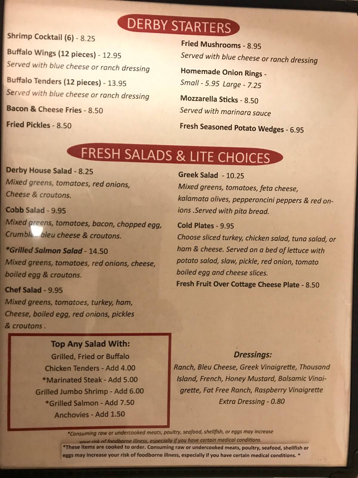 Menu at Derby Restaurant & Bar, Monroe