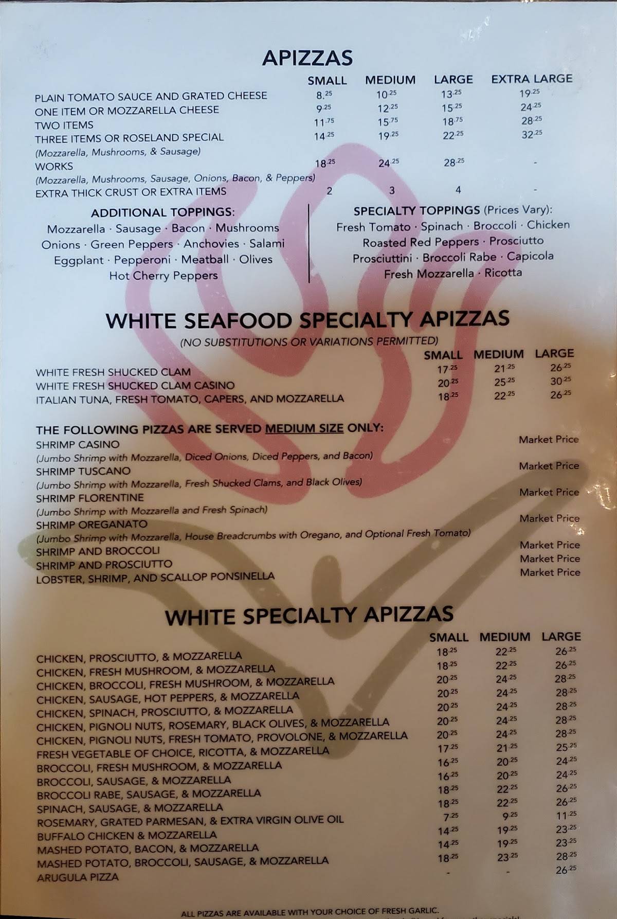 Menu at Roseland Apizza pizzeria, Derby