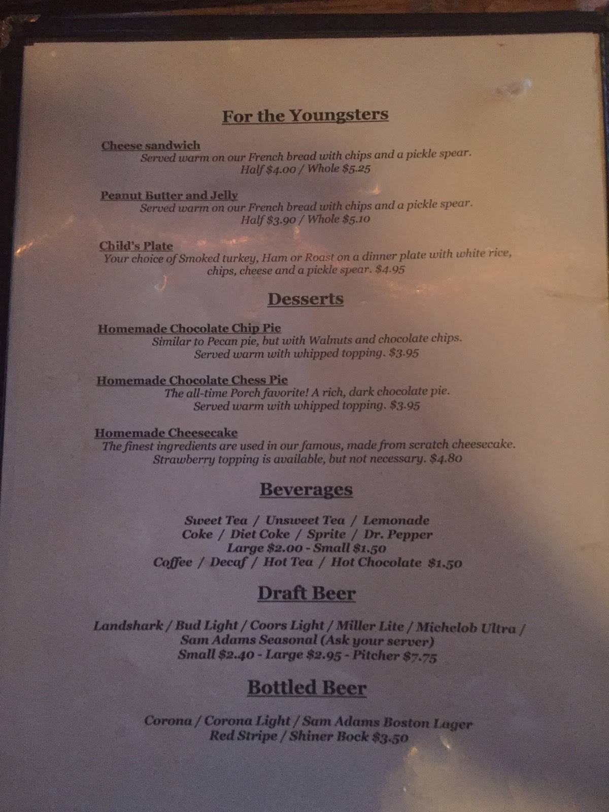 Menu at Proffitt's Porch desserts, Columbus, Officers Lake Rd