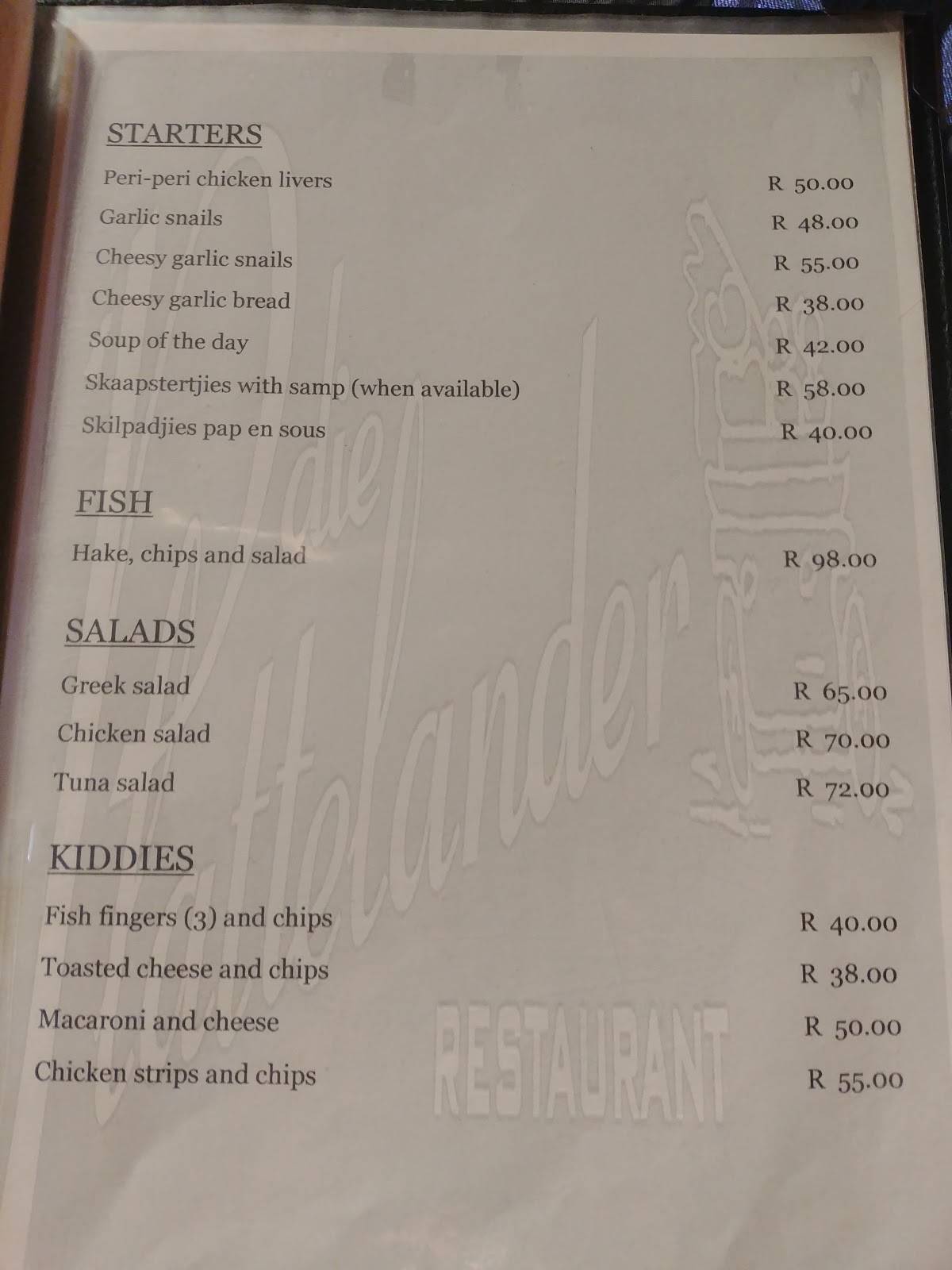 Menu at Die Plattelander restaurant, Colesberg