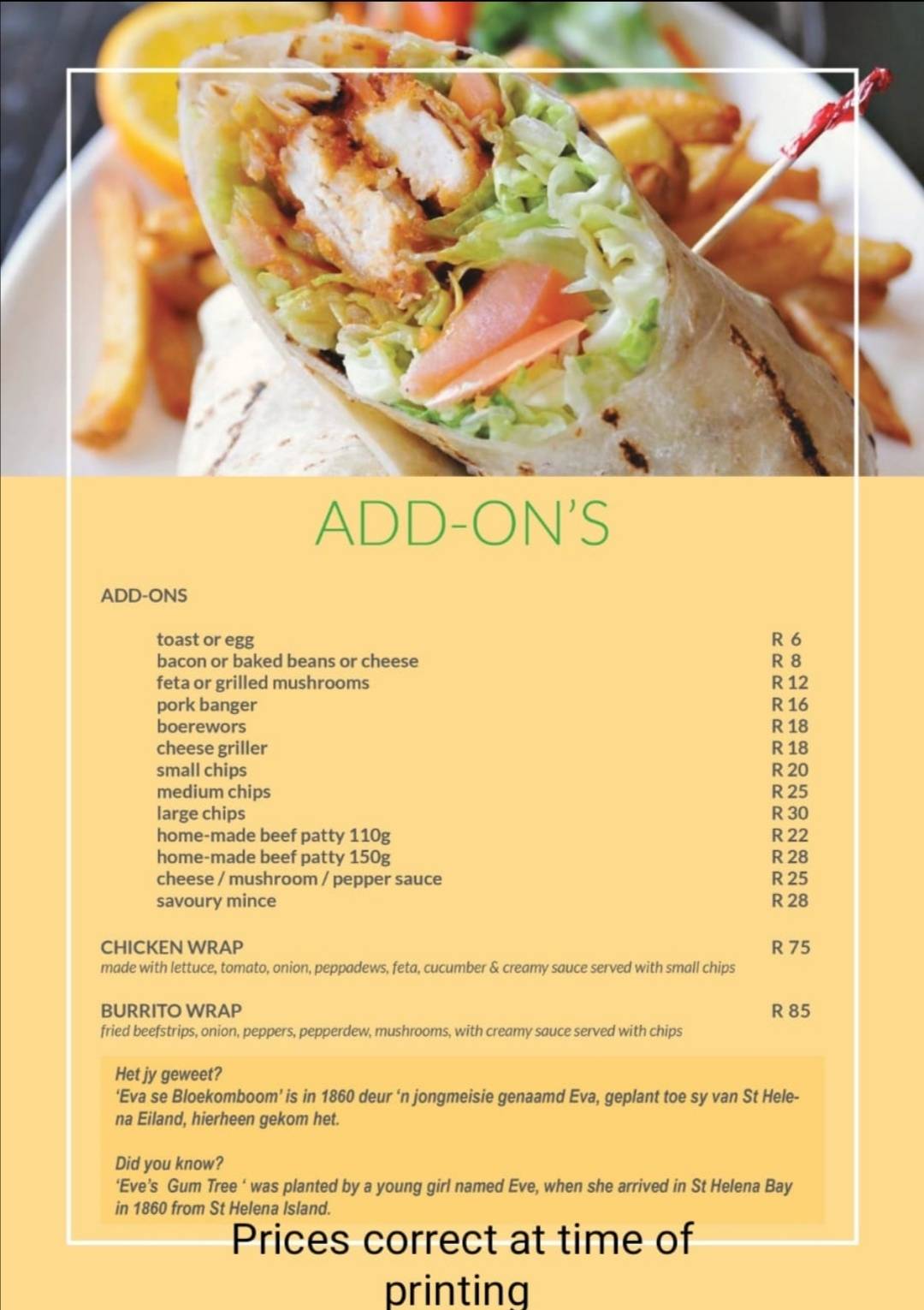 Menu at Die See Ster Kombuis restaurant, Saint Helena Bay