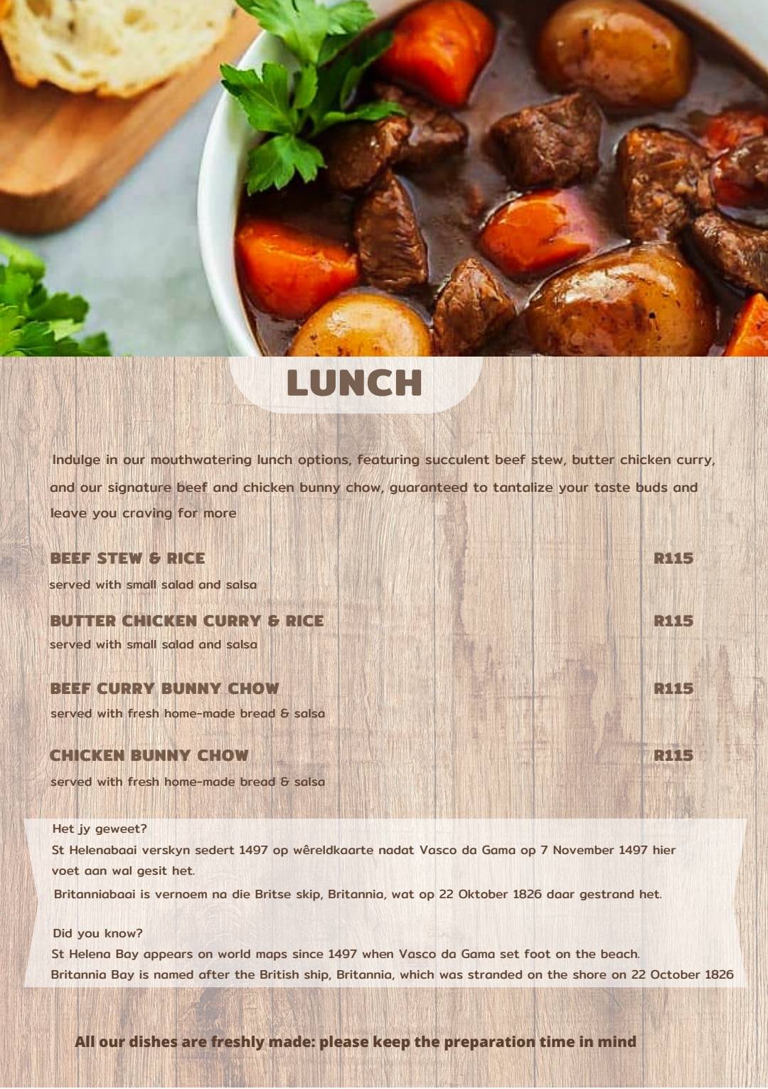 Menu at Die See Ster Kombuis restaurant, Saint Helena Bay