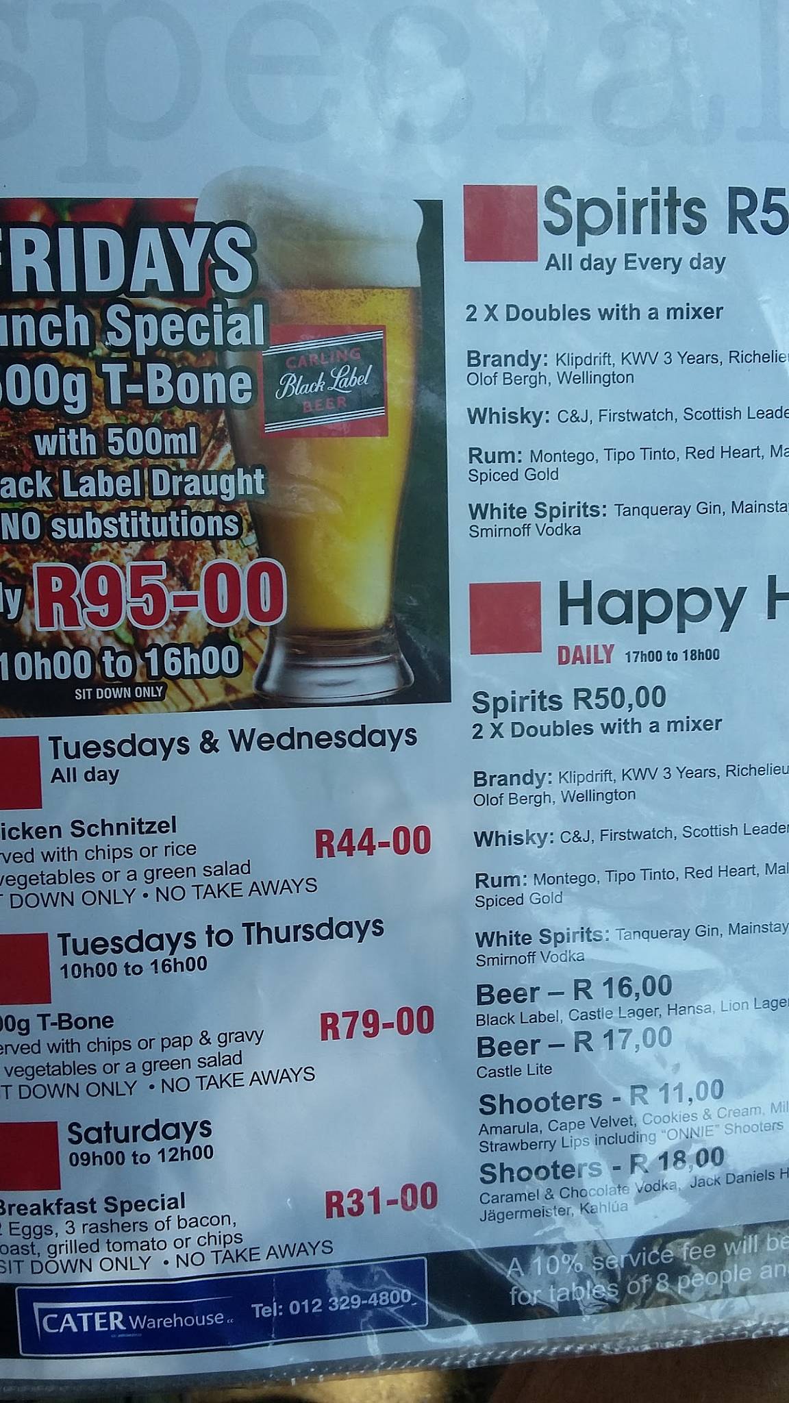 Menu at Die Wit Huis restaurant, Pretoria