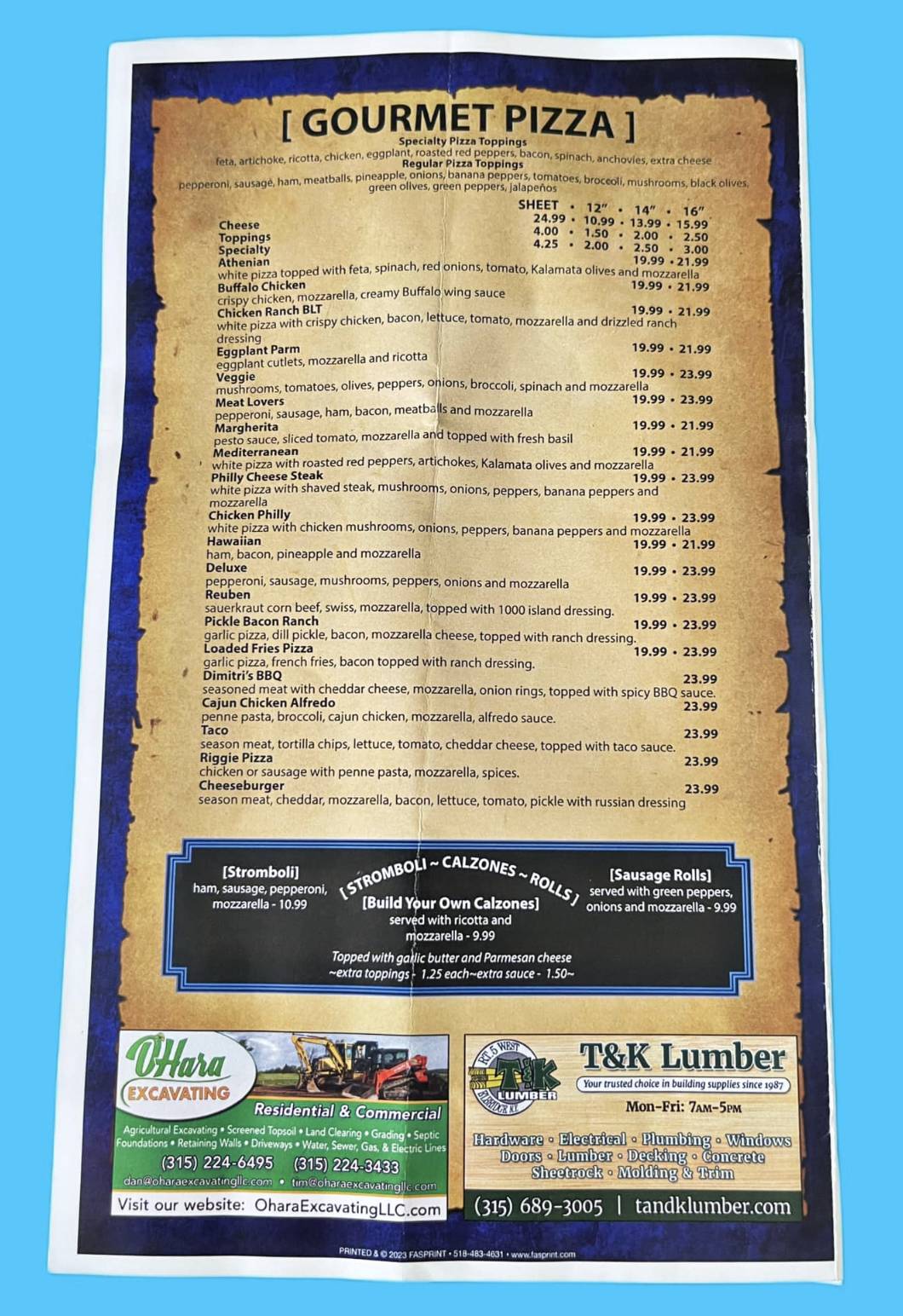 Menu at Dimitris Pizzeria, Elbridge