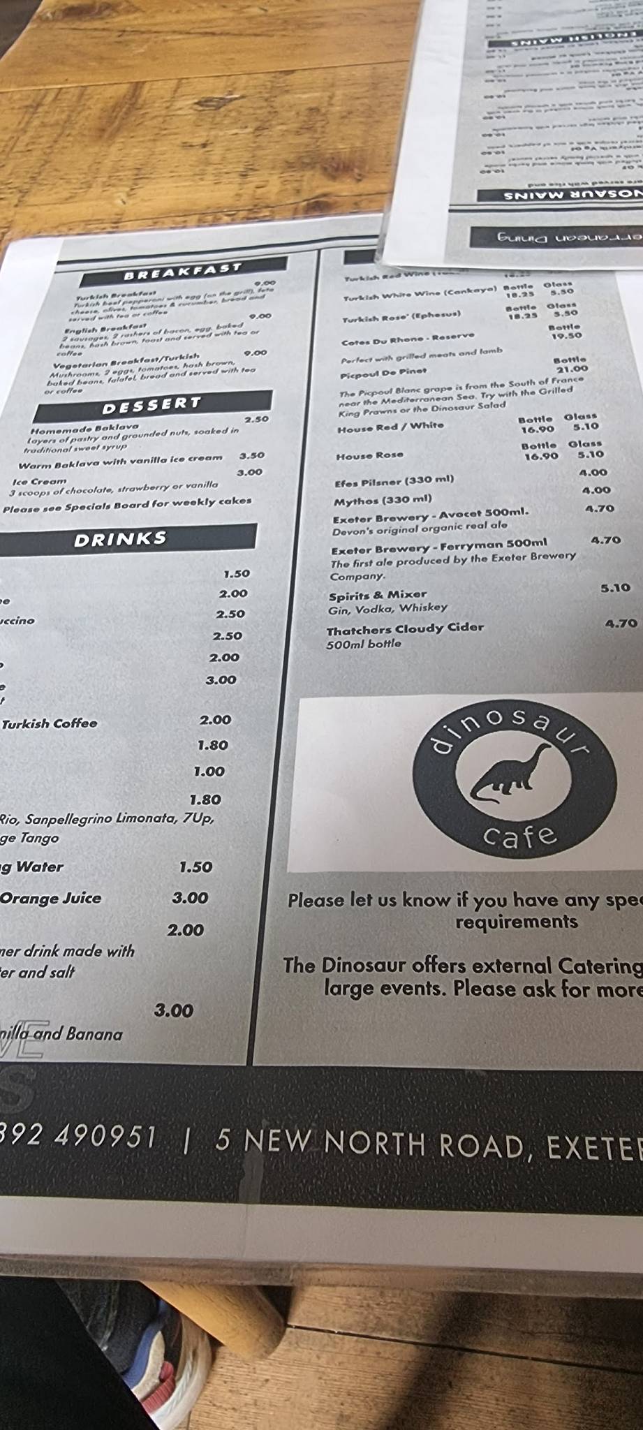 Menu at Dinosaur Cafe, Exeter