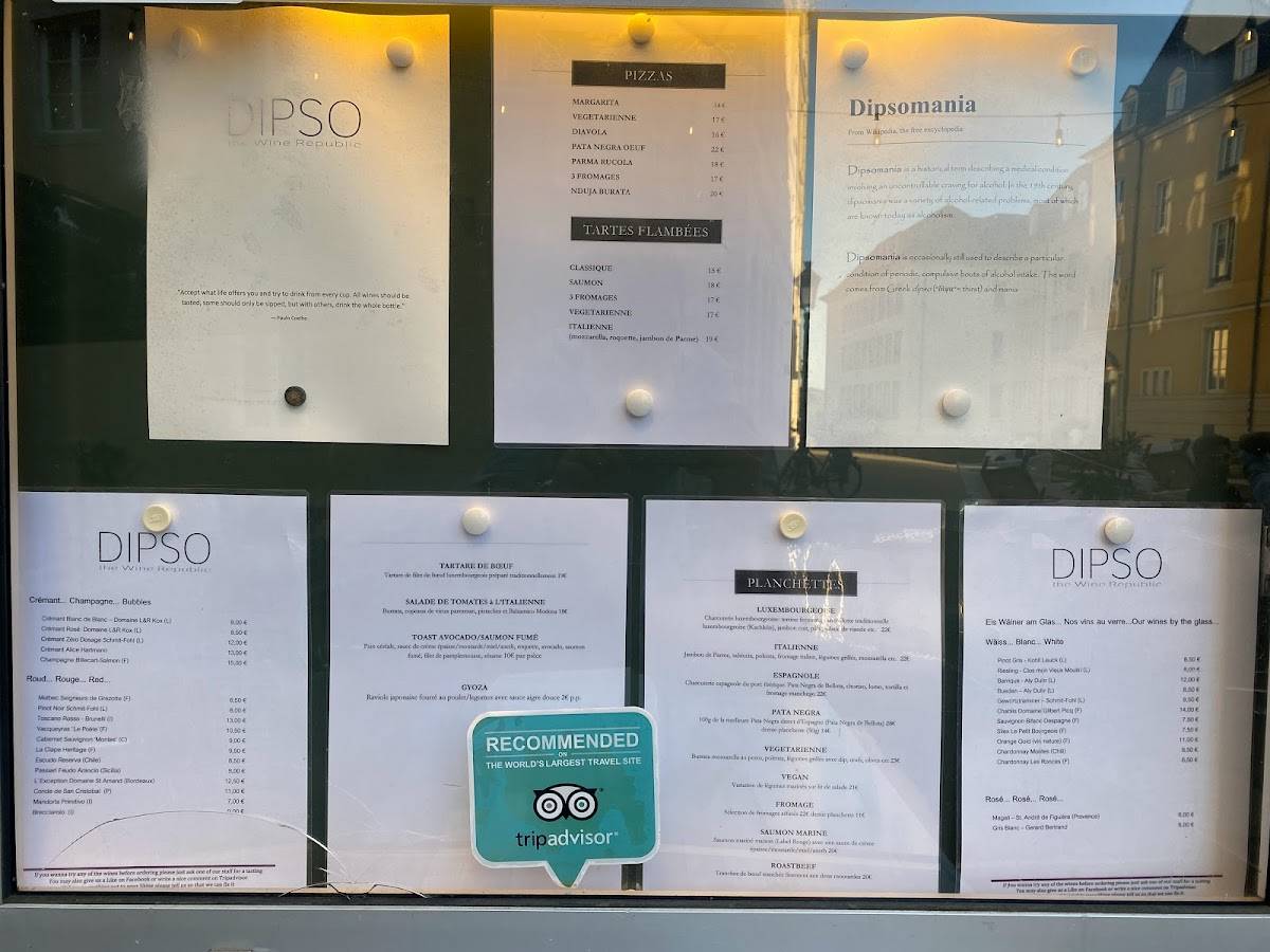 Menu au Dipso pub et bar, Luxembourg