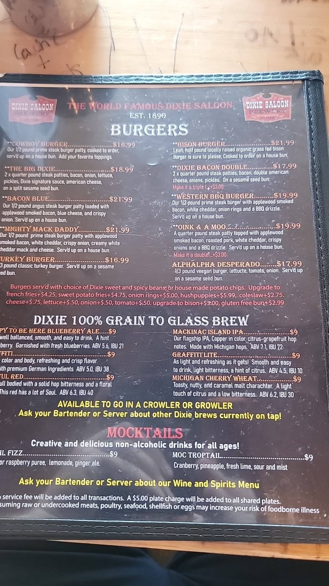 Menu at Dixie Saloon pub & bar, Mackinaw City, 401 E Central Ave