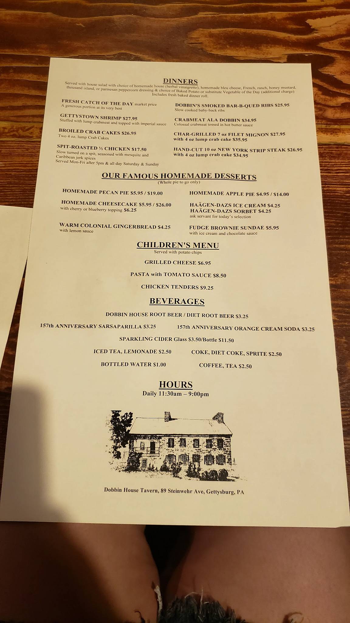 Menu at Dobbin House Tavern pub & bar, Gettysburg, 89 Steinwehr Ave