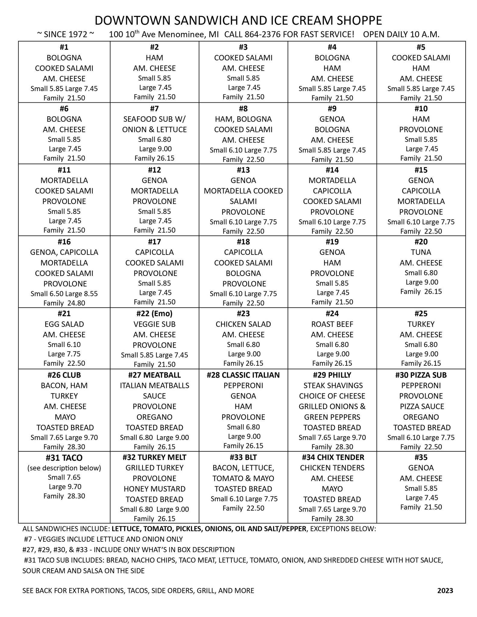 Menu at Downtown Sandwich & Ice Cream restaurant, Menominee
