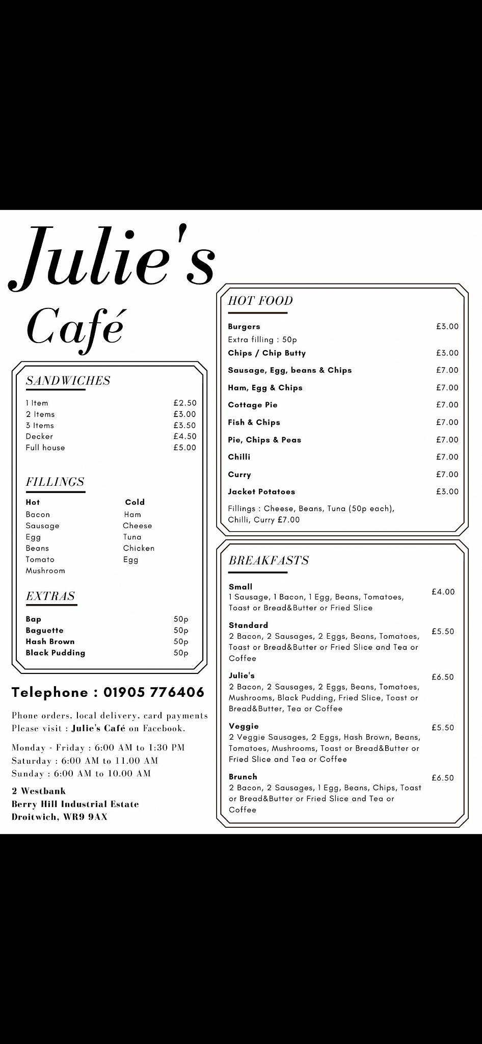 Menu at Julie's Café cafe, Droitwich Spa, 2 W Bank