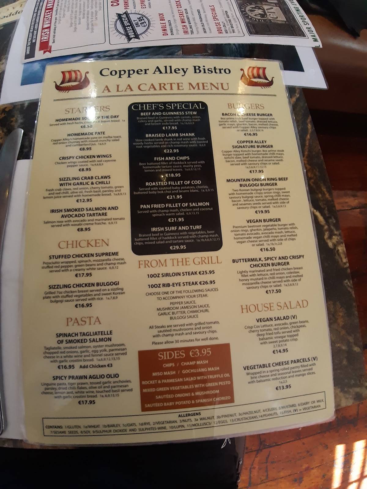 Menu at Copper Alley Bistro restaurant, Dublin