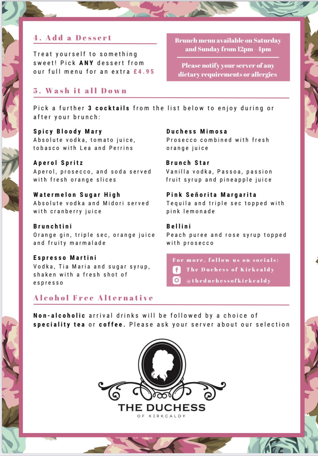Menu at Duchess of Kirkcaldy restaurant, Kirkcaldy