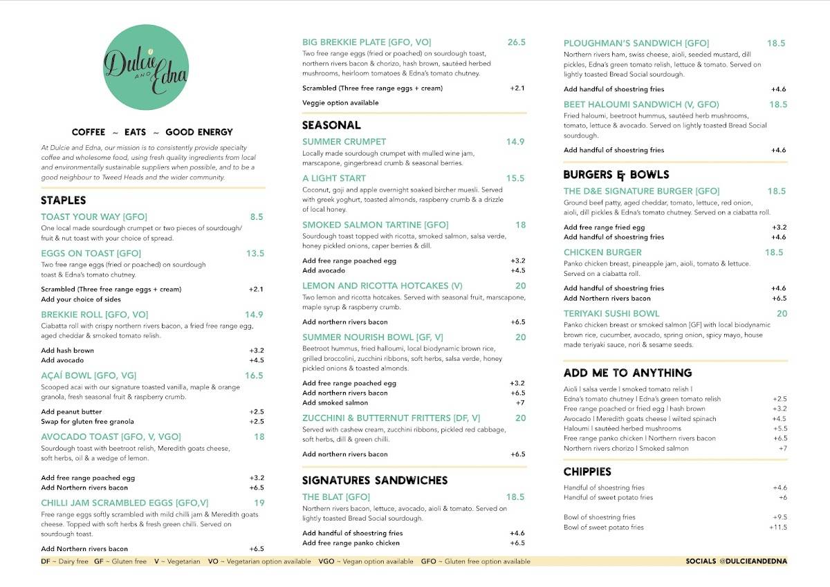 Menu at Dulcie and Edna cafe, Banora Point