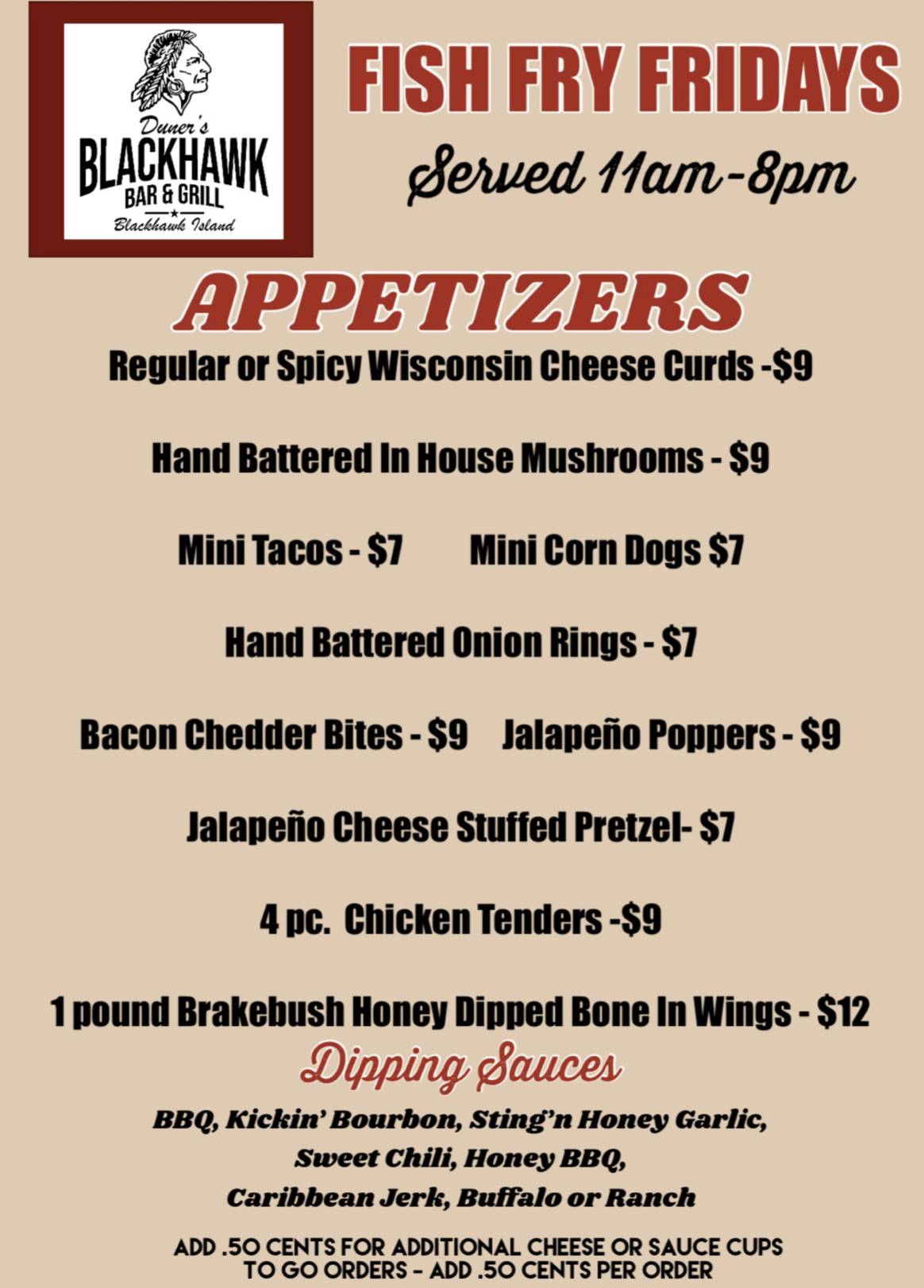Menu at Duner's Blackhawk Club, Lake Koshkonong