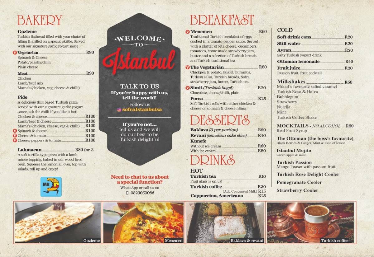 Menu at Sofra Istanbul Florida restaurant, Durban, 245 Florida Rd