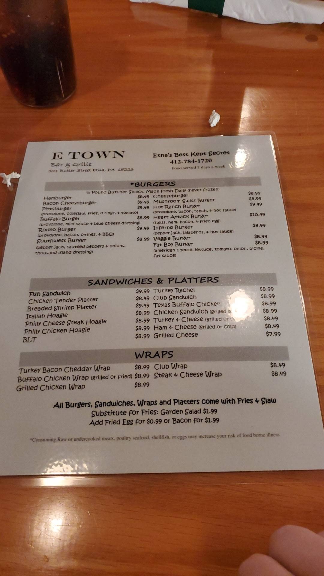 Menu at E Town Bar & Grill, Pittsburgh
