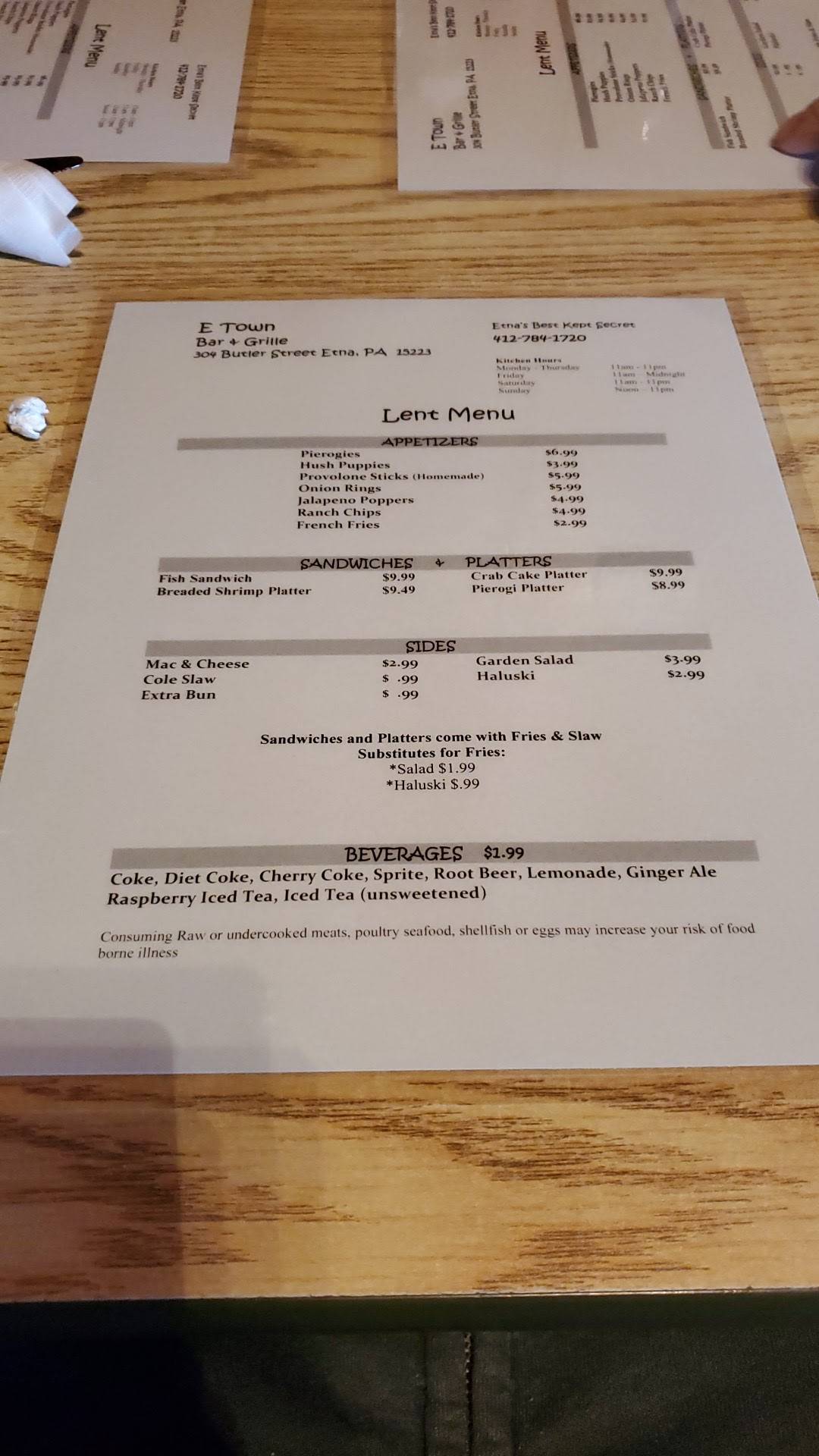 Menu at E Town Bar & Grill, Pittsburgh
