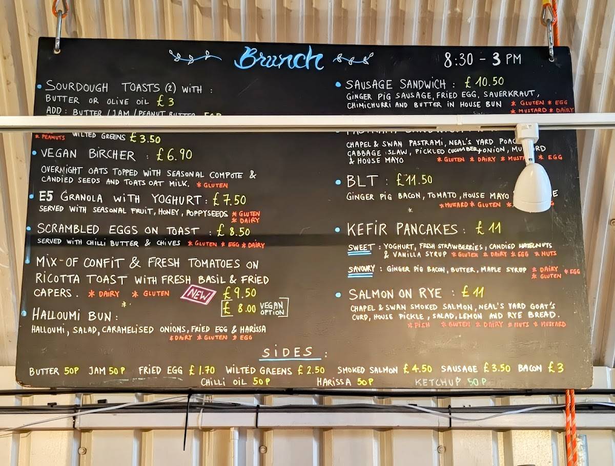 Menu at E5 Bakehouse cafe, London