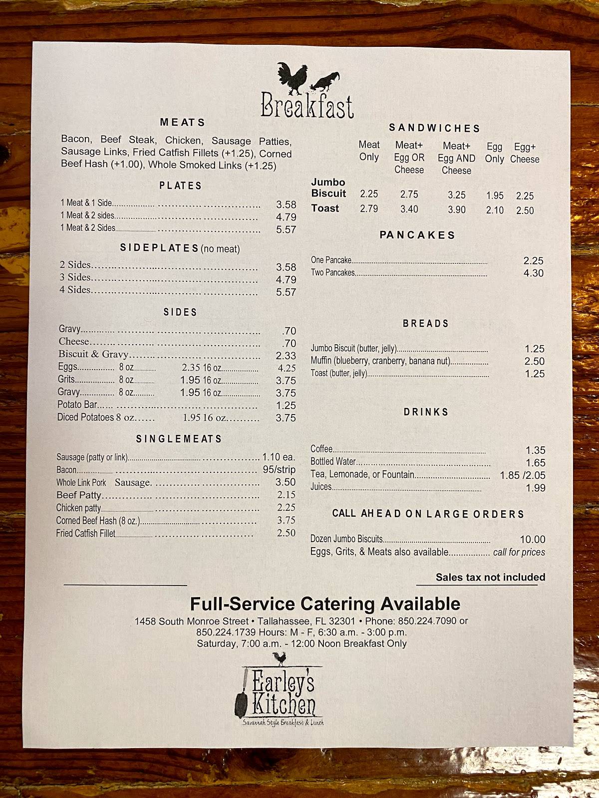 Menu at Earley's Kitchen restaurant, Tallahassee