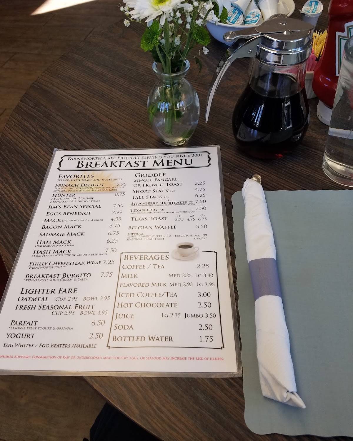 Menu at Farnsworth Cafe, East Providence