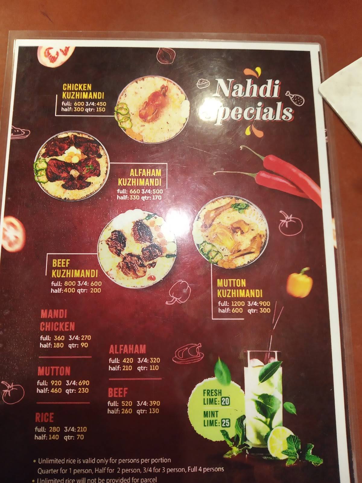 Menu at Nahdi Kuzhimandhi, Edappal