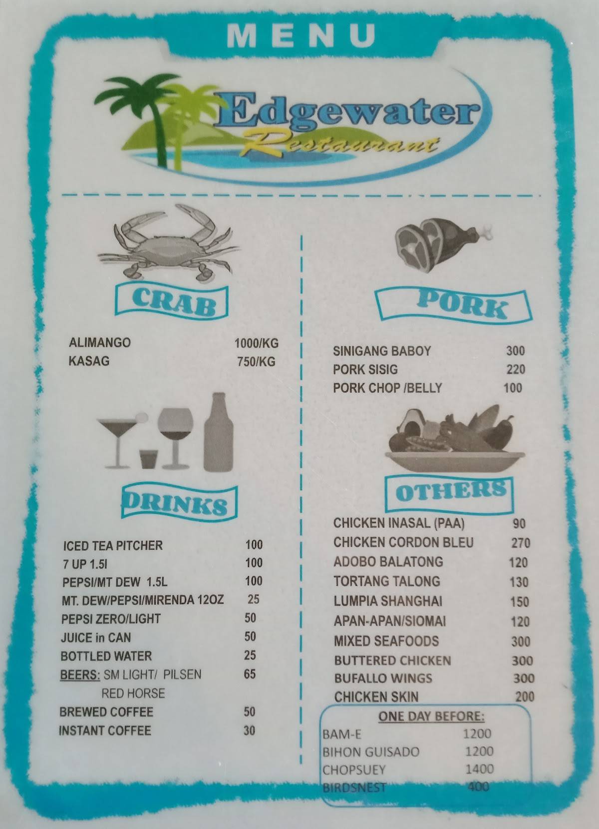 Menu at Edge Water Seafood Restaurant, Silay City