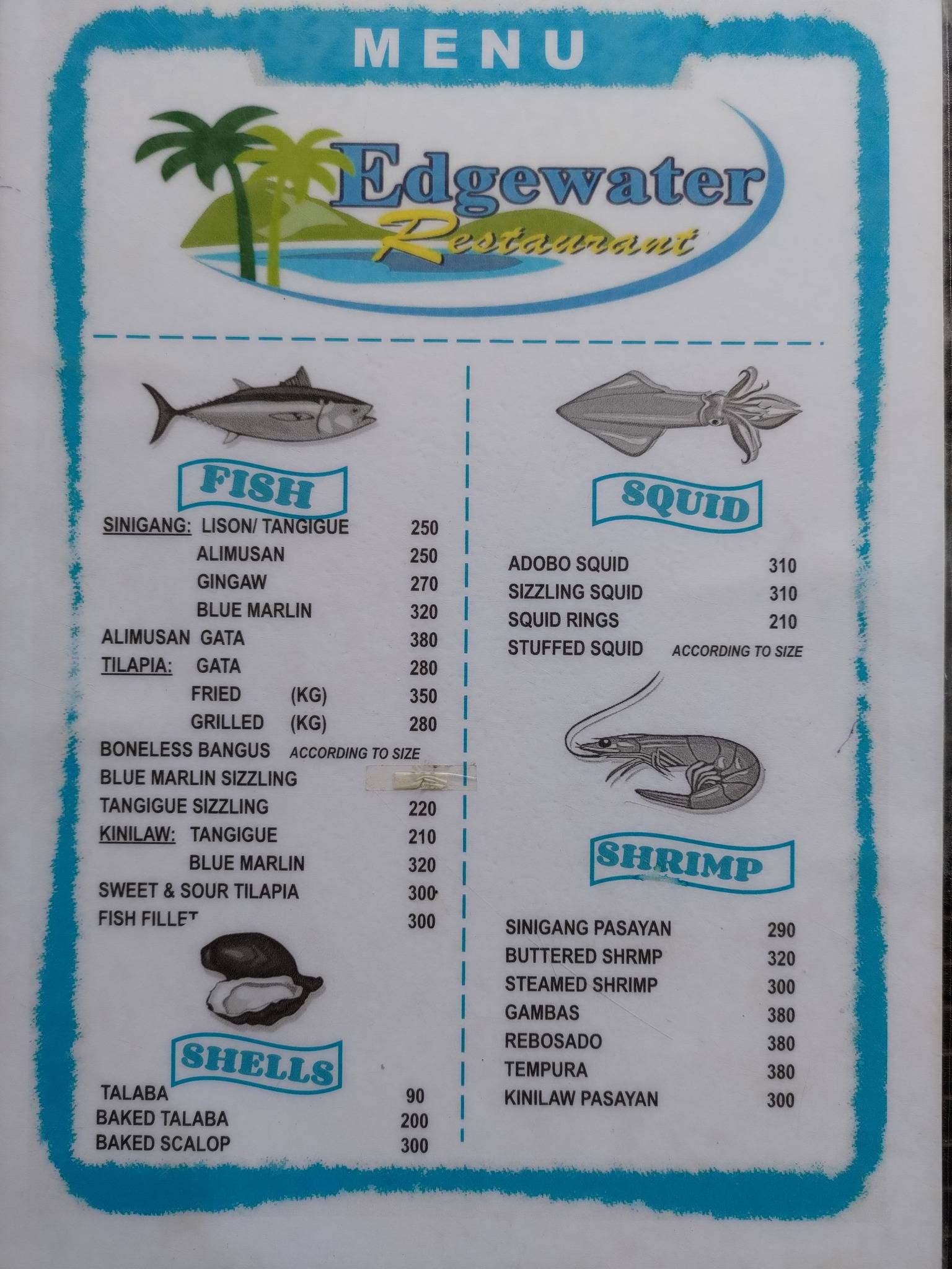 Menu at Edge Water Seafood Restaurant, Silay City