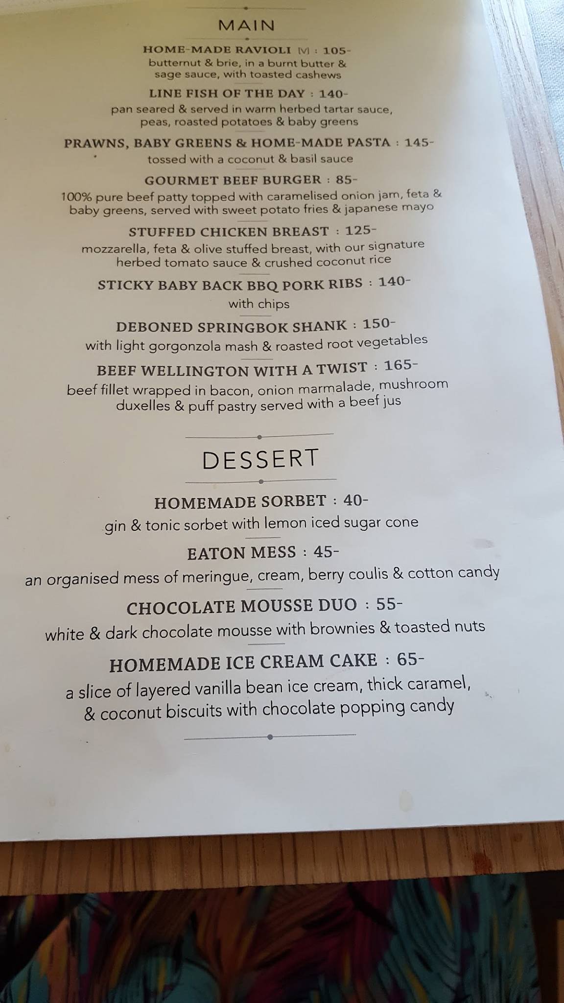 Menu at Eighty-Ate Restaurant, Cape Town
