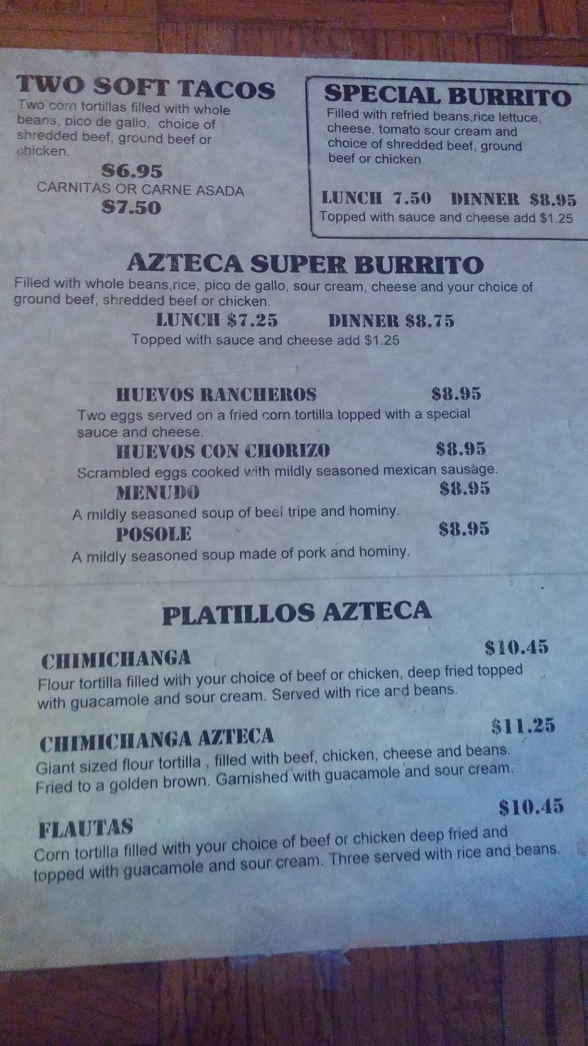 Menu at El Azteca Restaurant, Fairfield