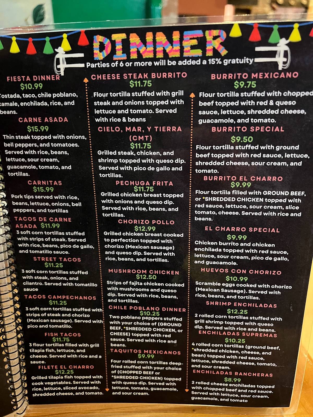 Menu at El Charro restaurant, Ville Platte