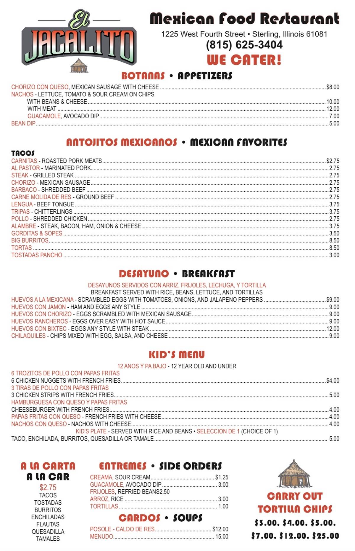 Menu at El Jacalito restaurant, Sterling