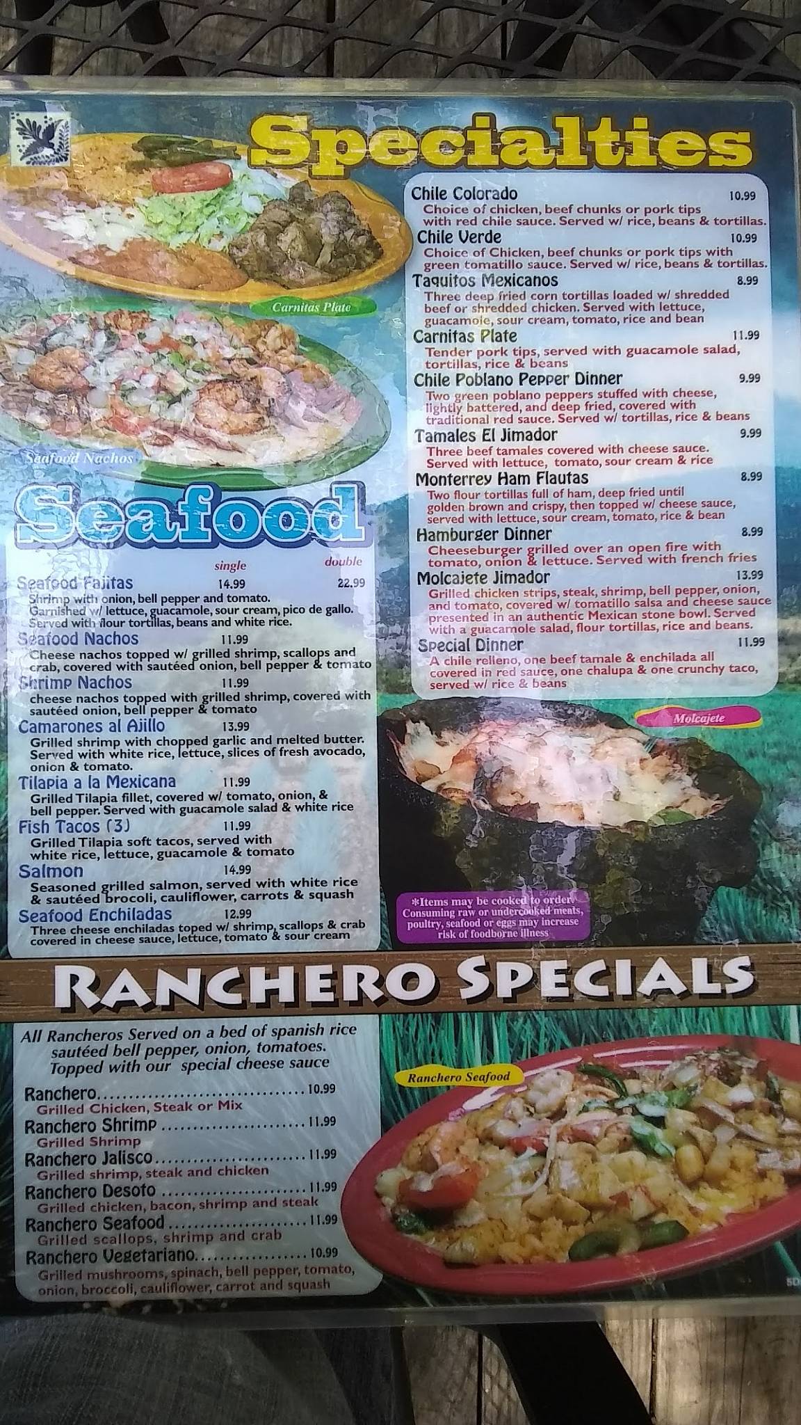Menu at El Jimador restaurant, Hot Springs Village