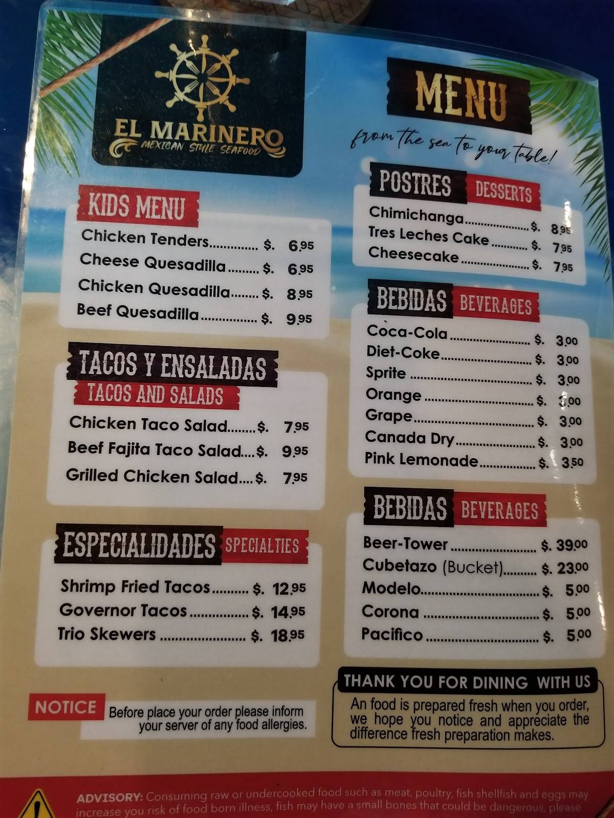 Menu at El Marinero restaurant, Warwick