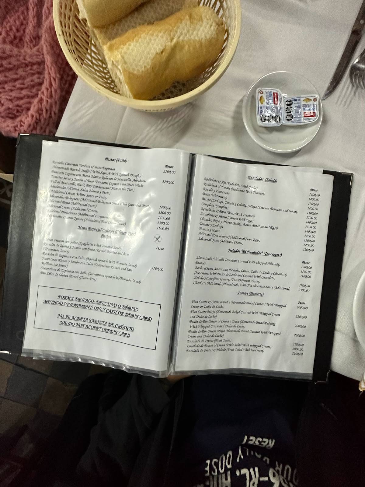 Carta del restaurante El Obrero, Buenos Aires