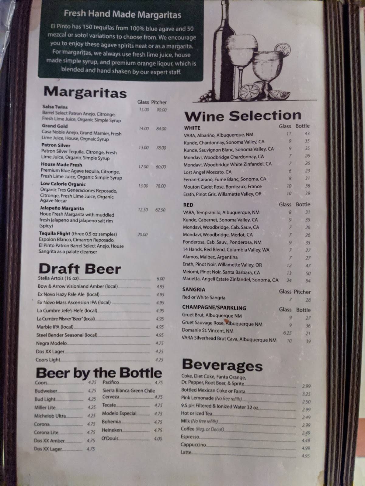 Menu at El Pinto Restaurant, Albuquerque, 4th St NW