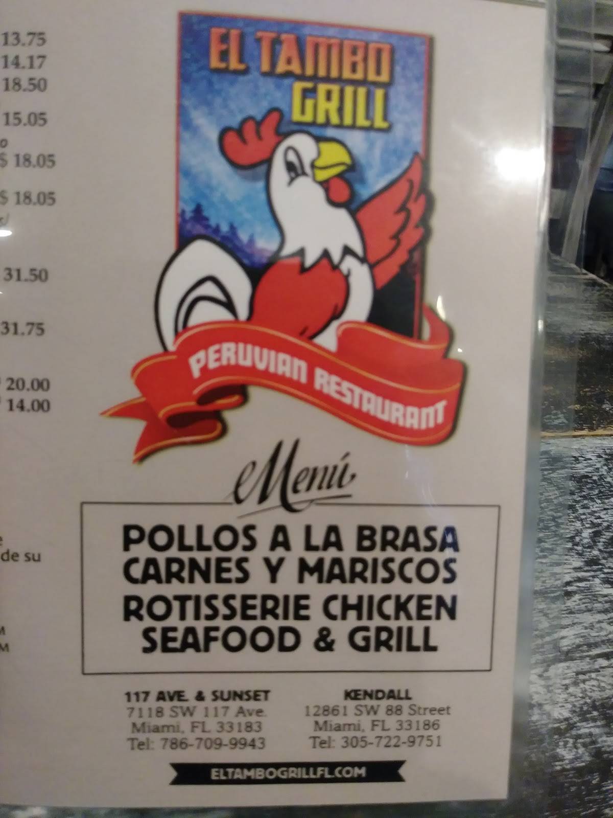 Menu at El Tambo Grill restaurant, Miami